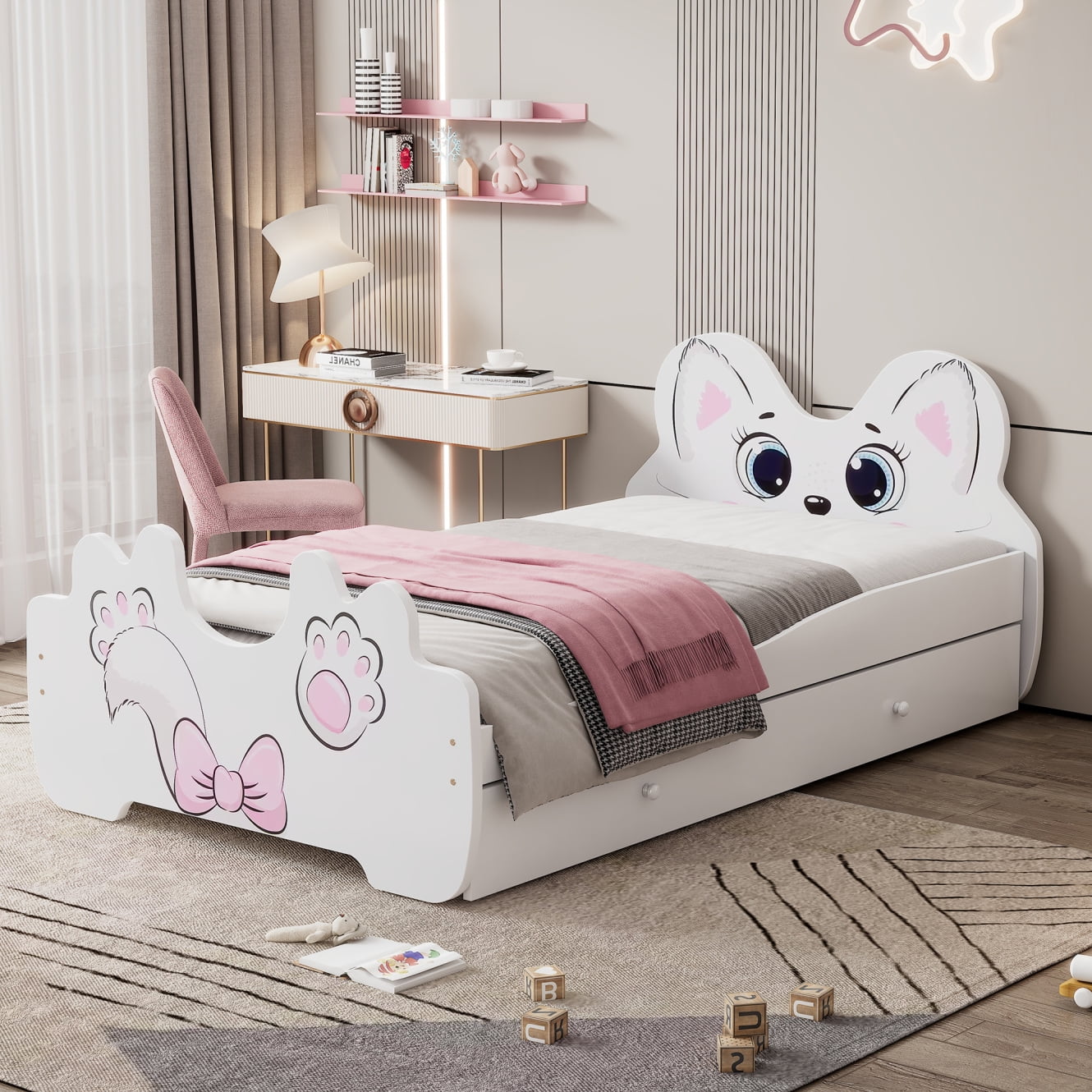Cute Cartoon Twin Size Platform Bed with Trundle, Cat Ears Headboard ...