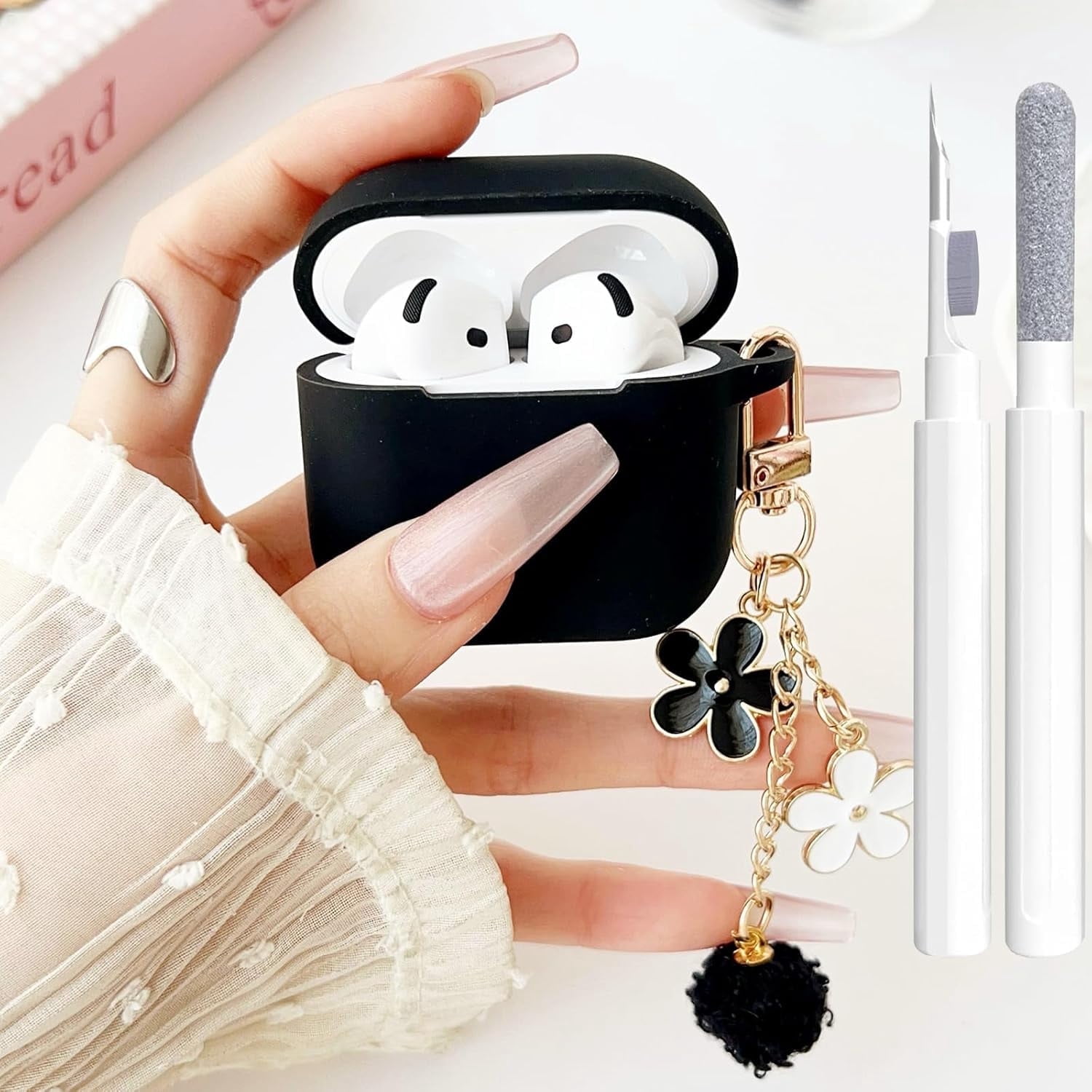 Cute Case for Airpods 4 Cover for Girl Women with Pom pom Flower ...