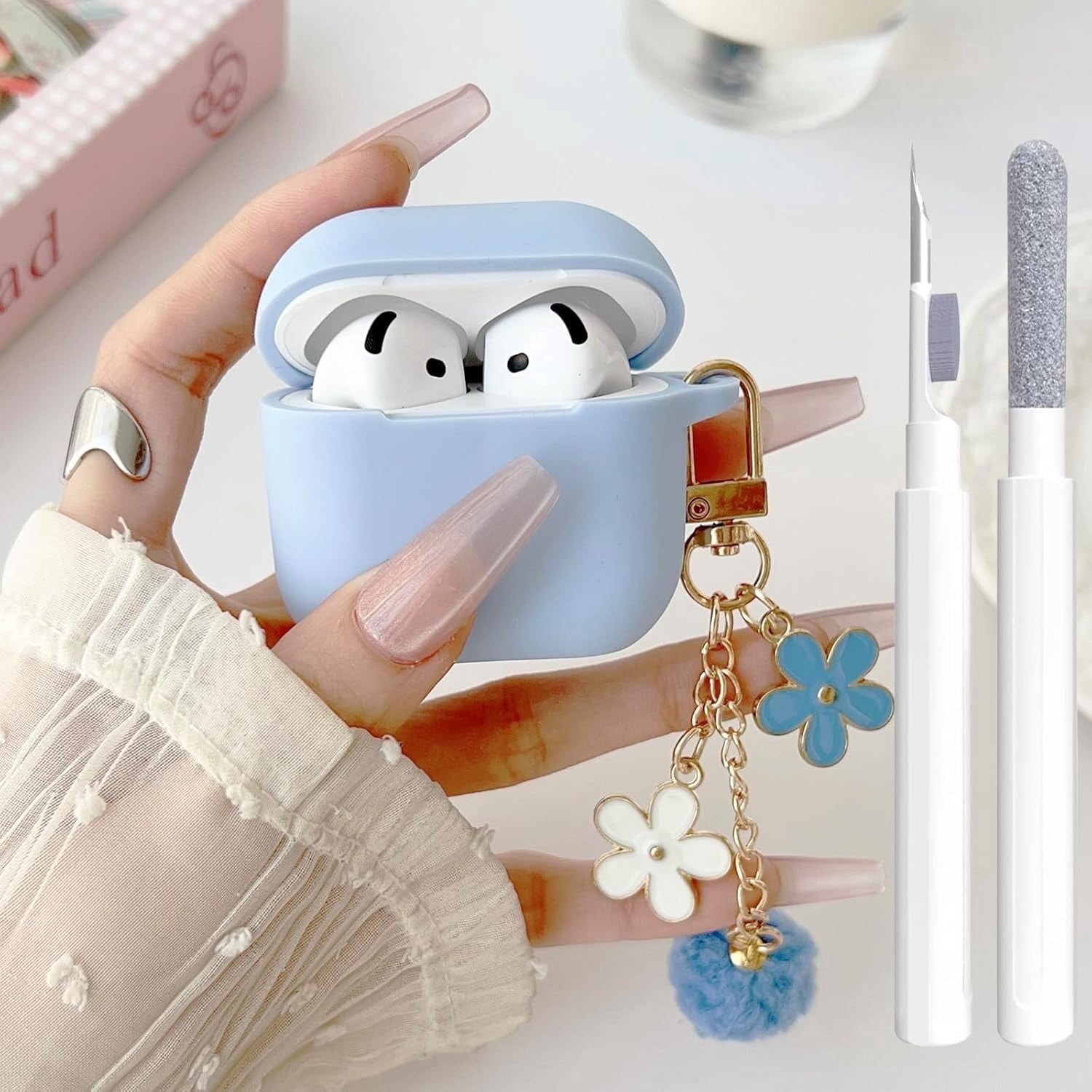 Cute Airpods 4 Case Cover for Girl Women with Pom pom Flower Keychain ...