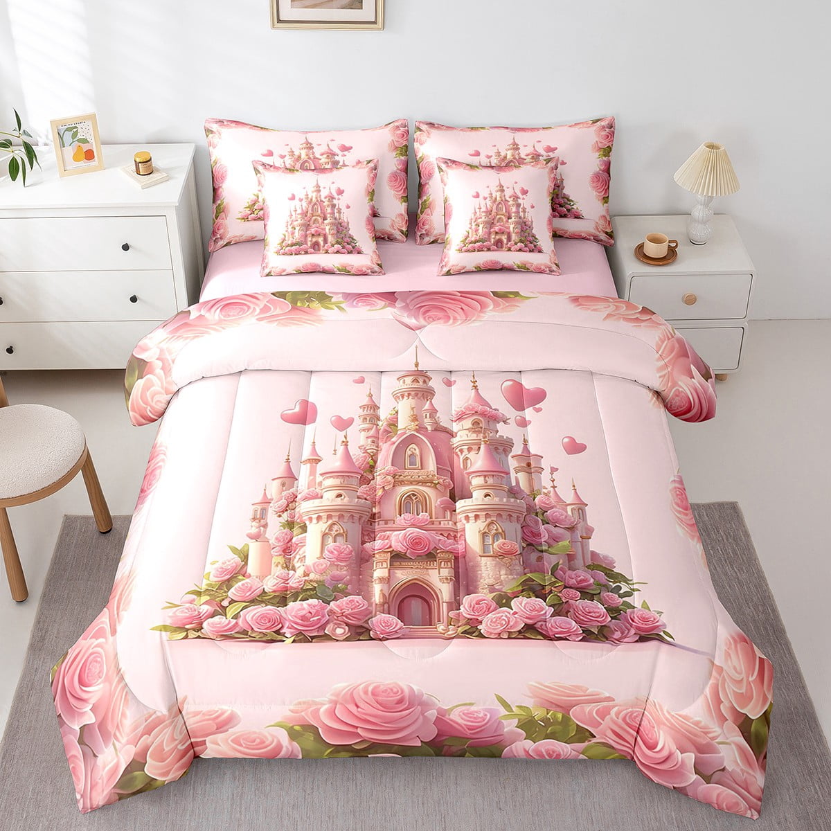 Cute Castle Bedding 7 Piece Princess Decor Bed in a Bag Twin Size Pink ...
