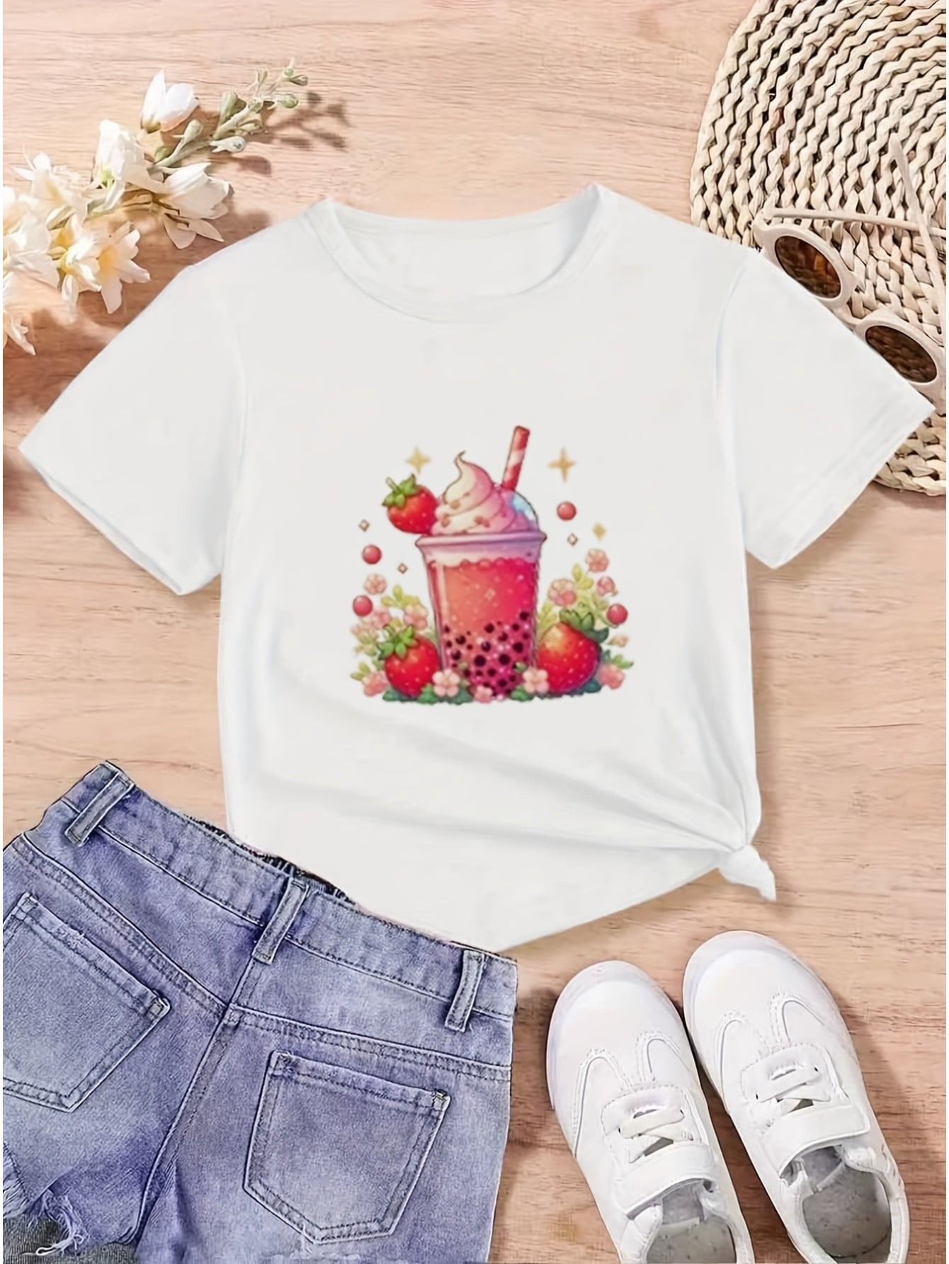 Cute Casual T-Shirt for Girls Featuring a Strawberry Ice Cream And Milk ...