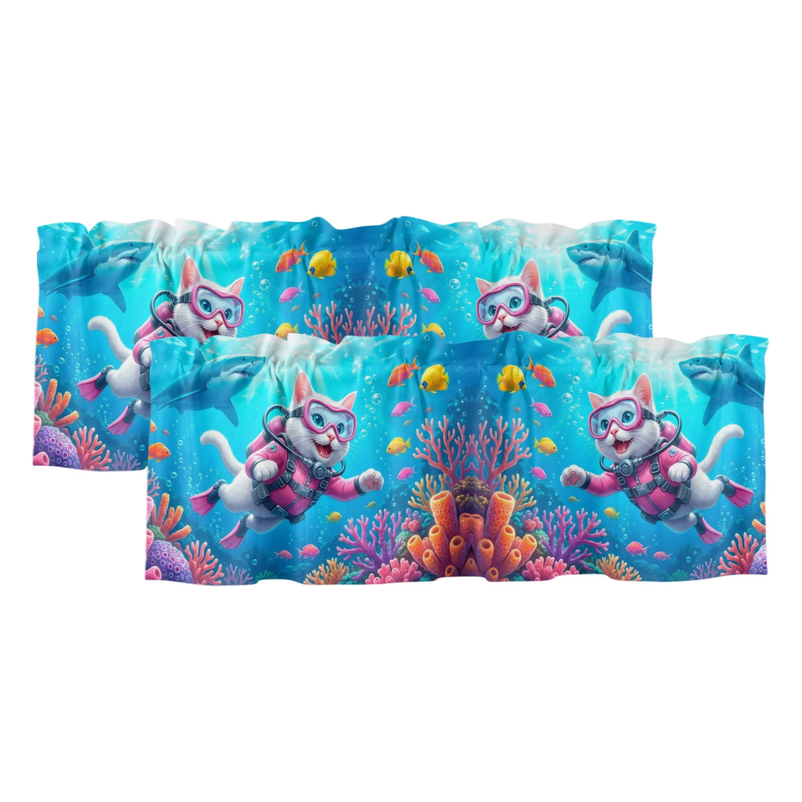 Cute Cat 2 Panels Kitchen Valance, Pink Diving Suit Shark Purple Coral ...