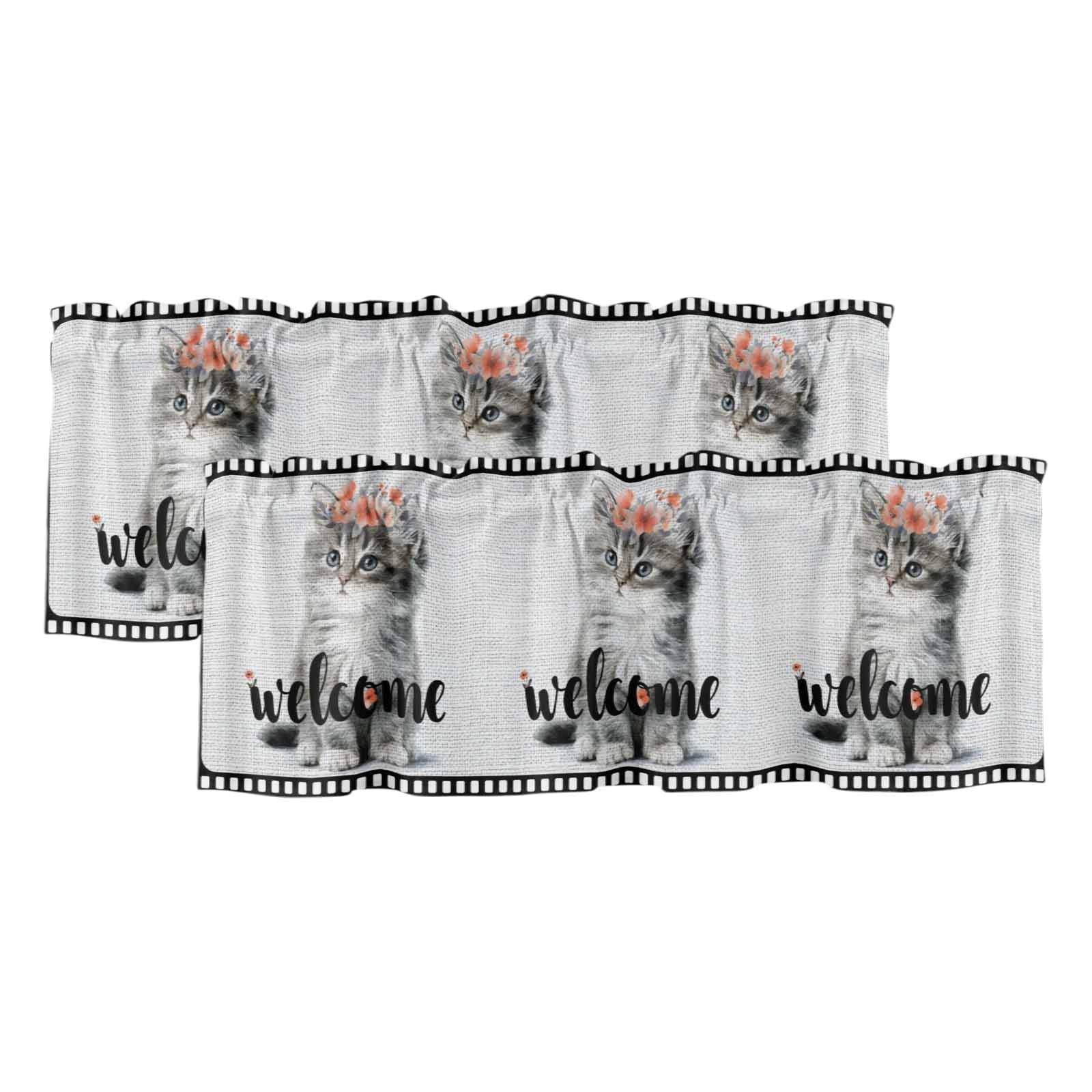 Cute Cat 2 Panels Kitchen Valance, Welcome Words Animal Flower Film ...