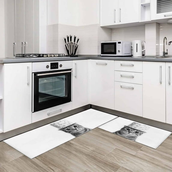 Cute Cat 2 Pieces Non-Slip Kitchen Mat Set Funny Animal Toilet Paper ...