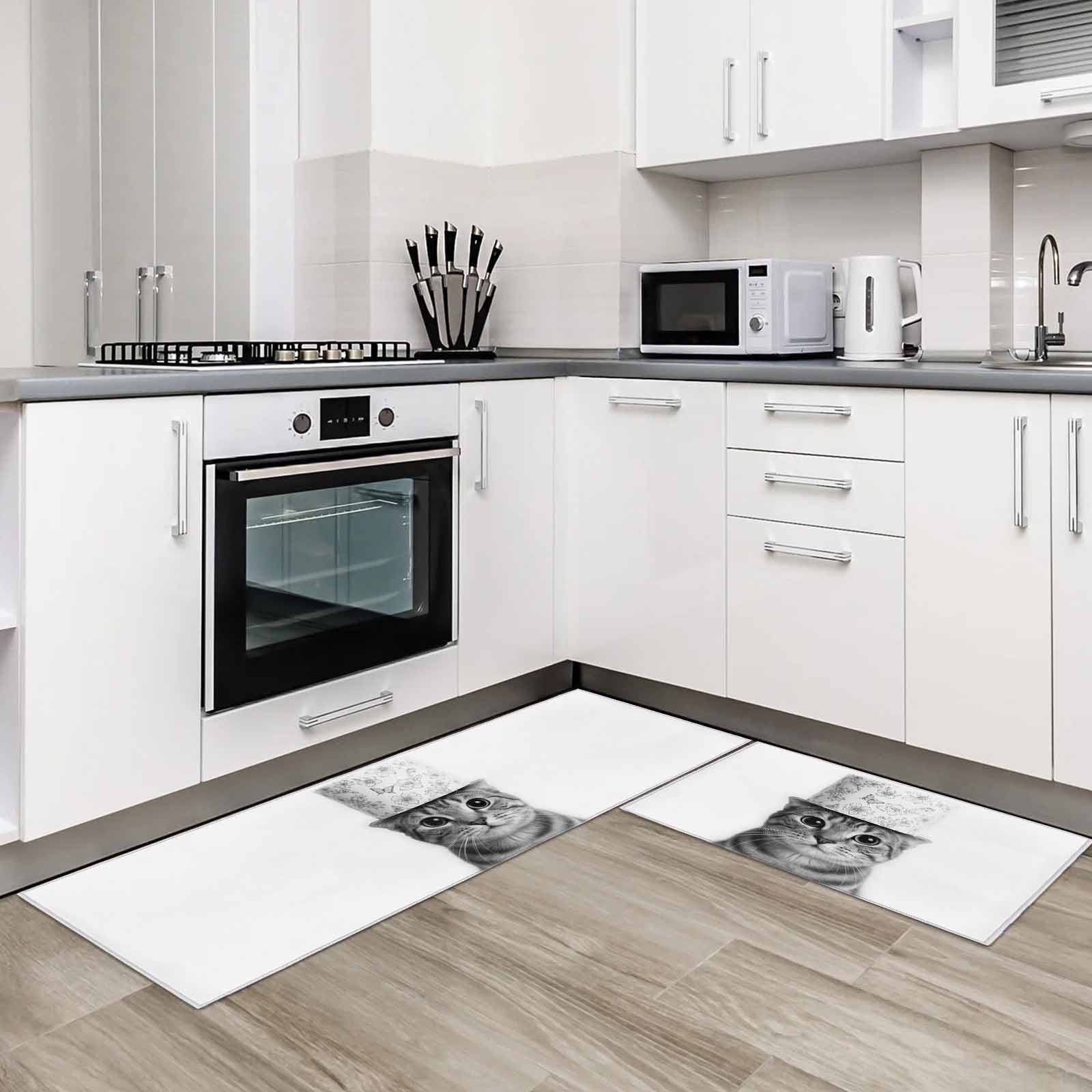 Cute Cat 2 Pieces Non-Slip Kitchen Mat Set Funny Animal Toilet Paper ...