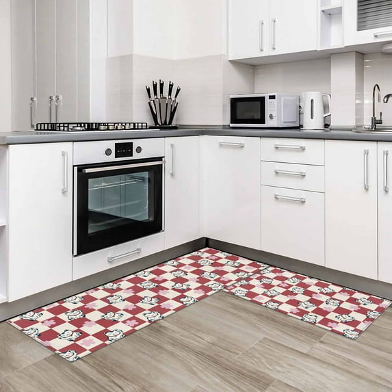 Cute Cat 2 Pieces Non-Slip Kitchen Mat Set Red White Plaid Cartoon ...