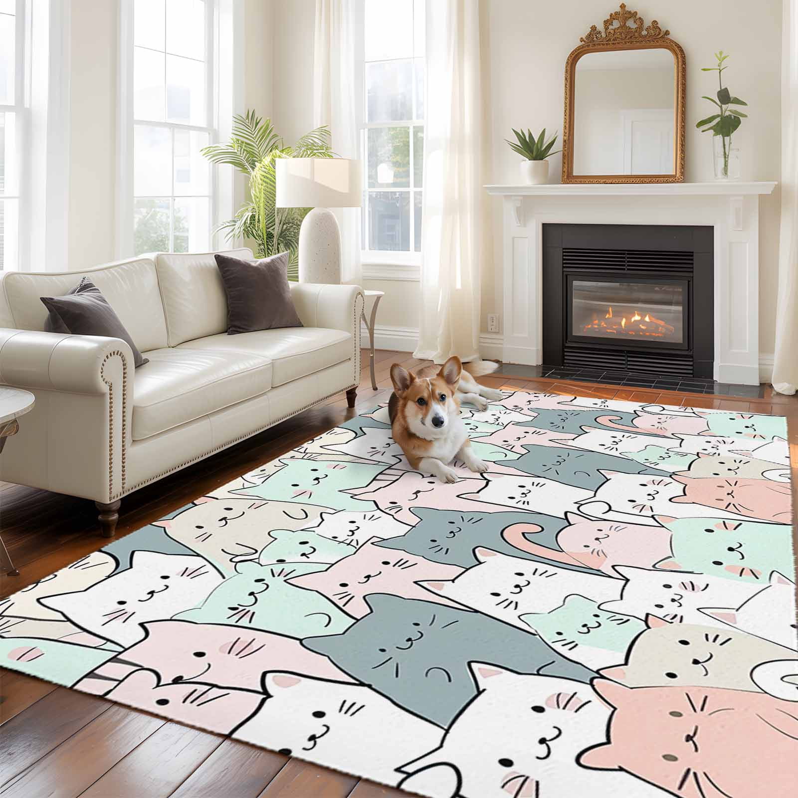 Cute Cat 5x8 Rug for Bedroom Under Queen Bed Placement, Cartoon Animal ...