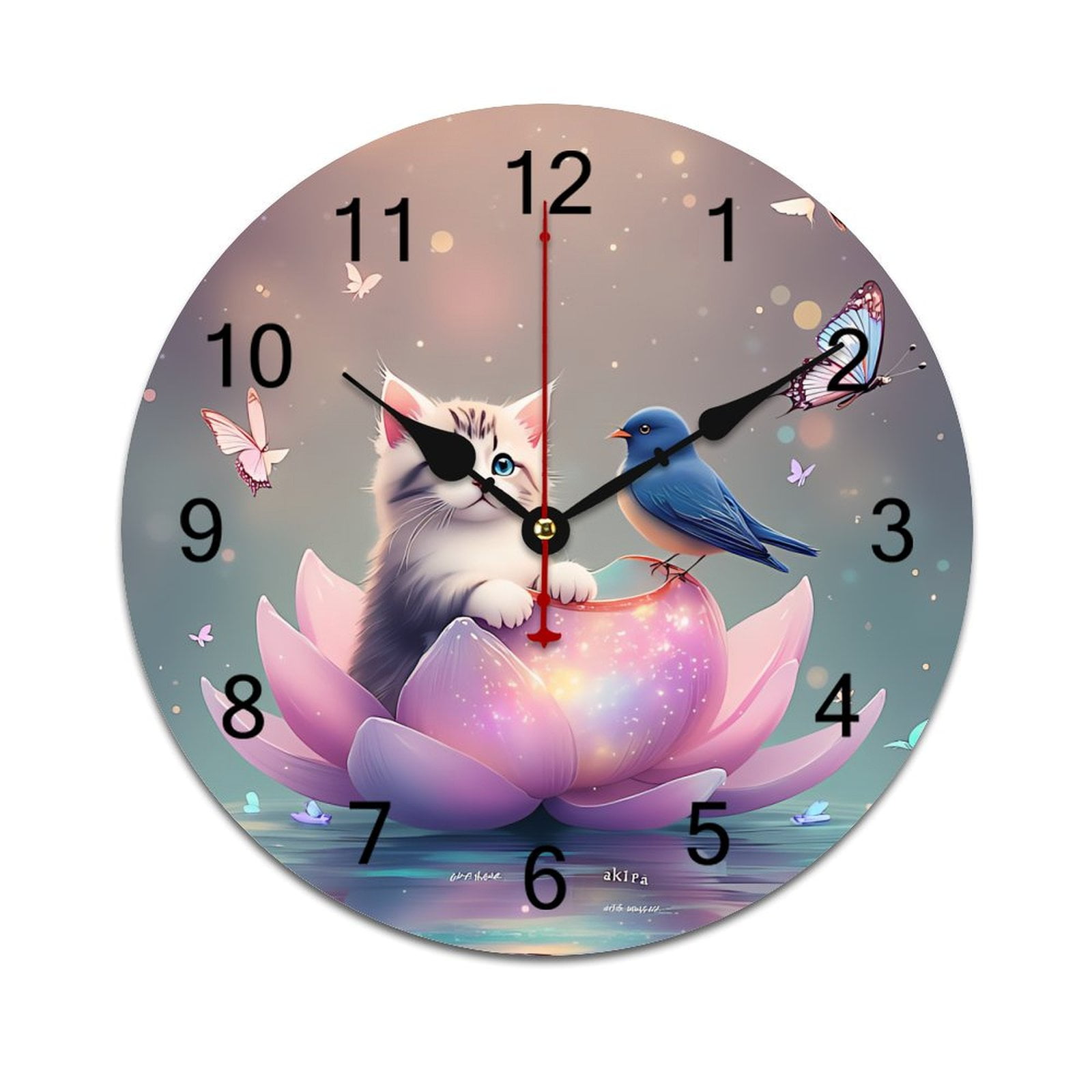 Cute Cat And Butterfly Printed Silent Wall Clock Round Kitchen Clock ...