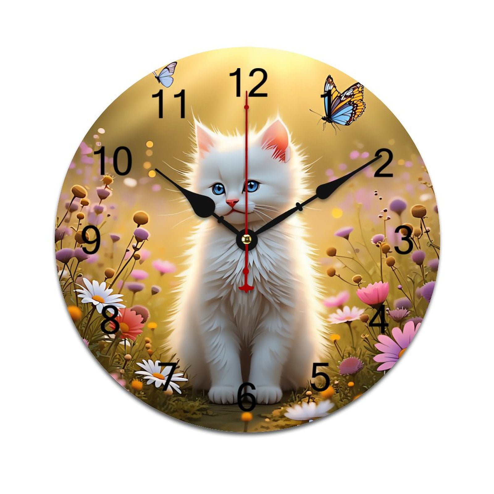 Cute Cat And Rabbit Printed Silent Wall Clock Round Kitchen Clock Chic ...