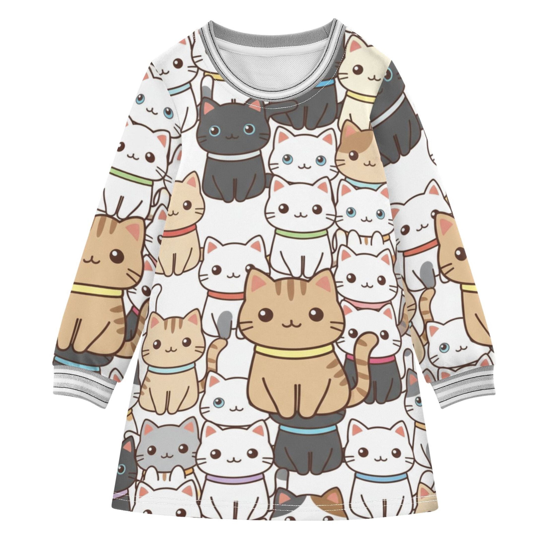 Cute Cat Animal Girls'long-sleeved dress Thickened A-dress Warm Dress ...