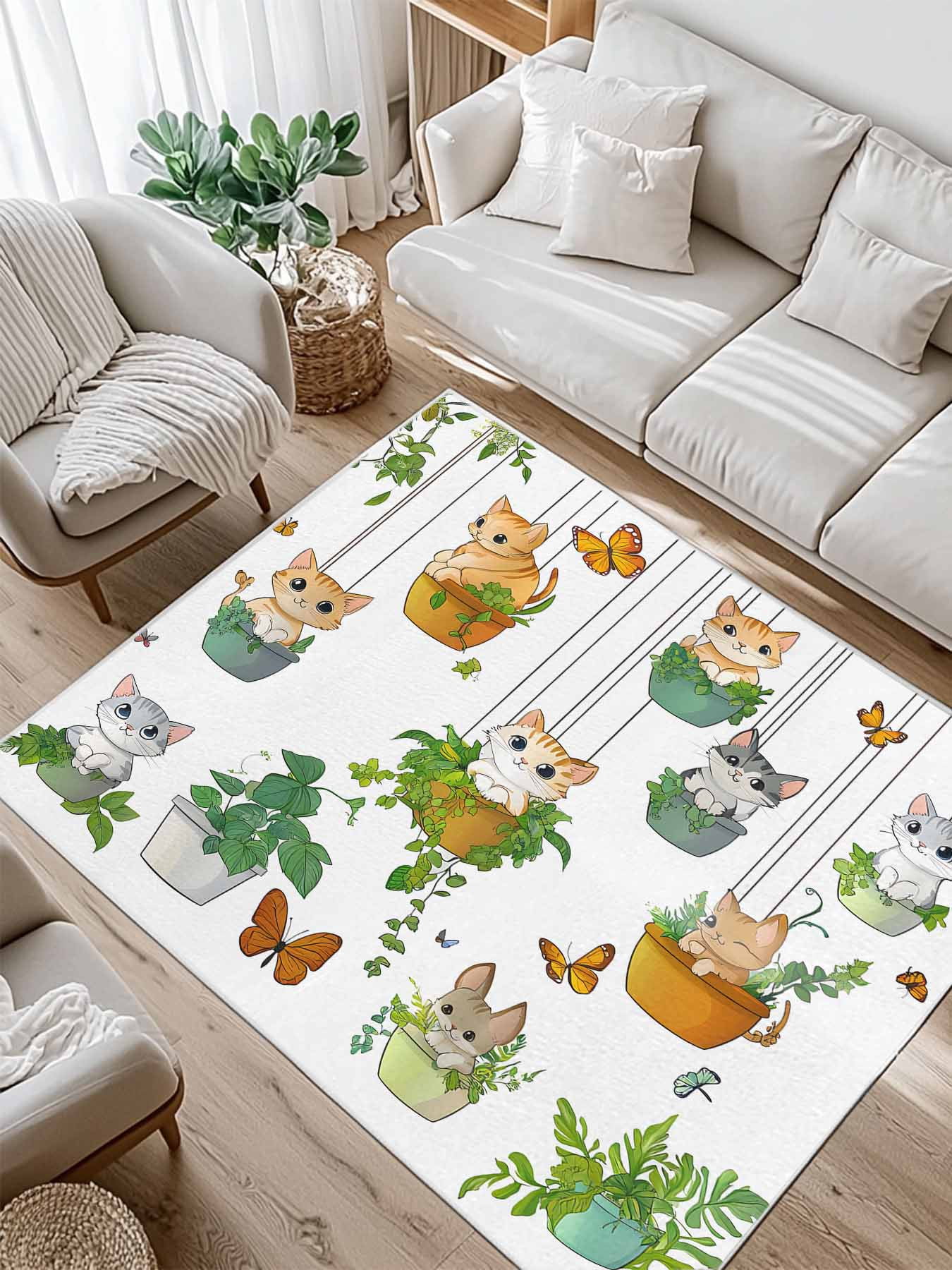 Cute Cat Area Rug for Bedroom 4x6 Ft Green Potted Plant Butterfly ...