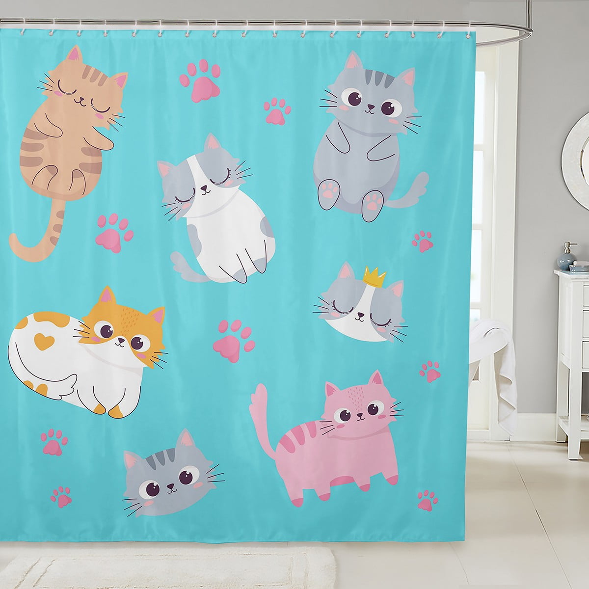 Cute Cat Bath Curtain Kawaii Animal 72"Wx84"L Shower Curtain For Kids ...