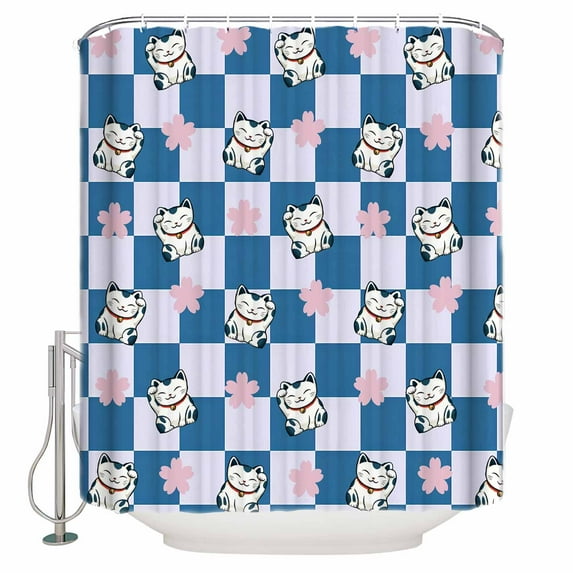 Cute Cat Bathroom Shower Curtains with 12 Hooks Polyester Waterproof ...