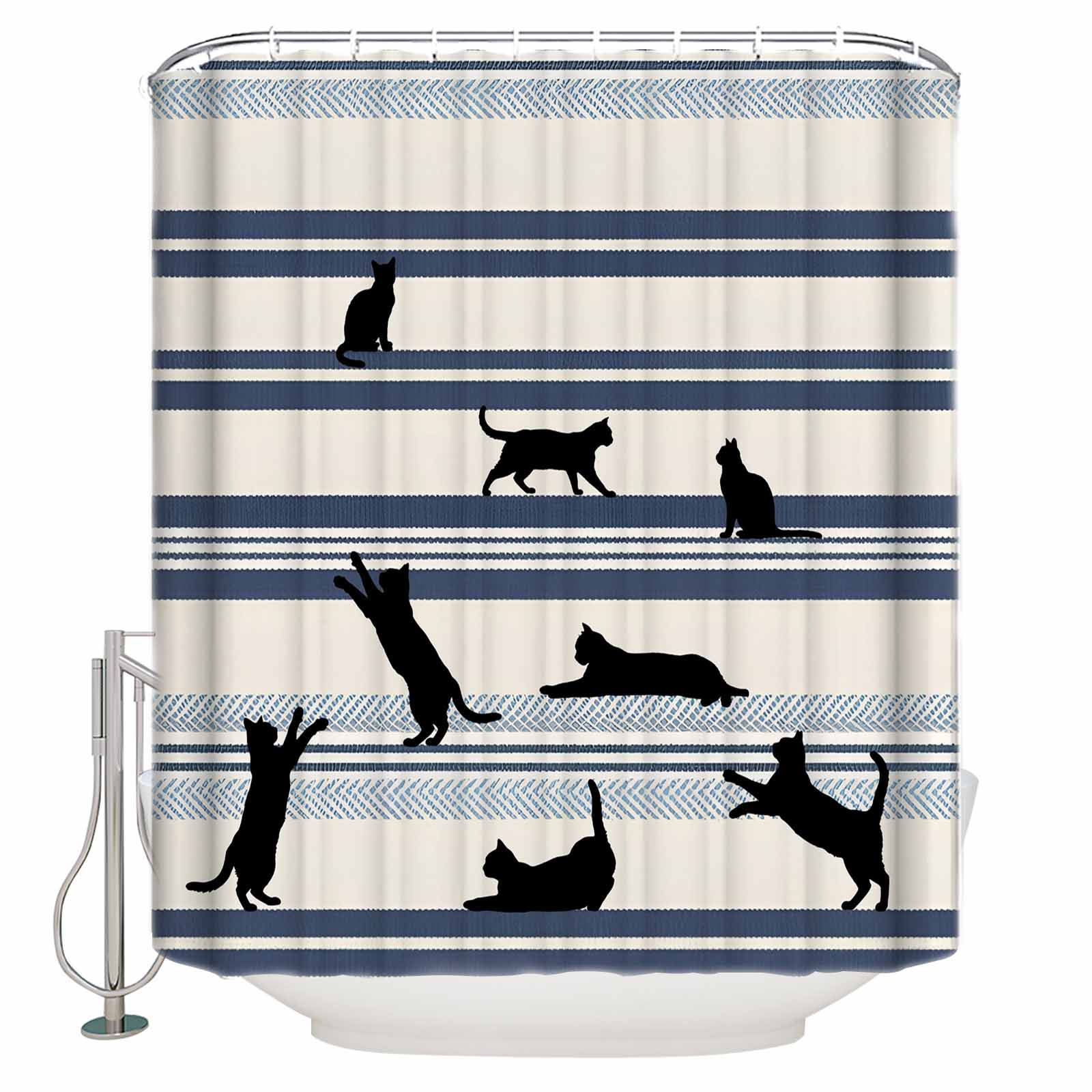 Cute Cat Bathroom Shower Curtains with 12 Hooks Polyester Waterproof ...