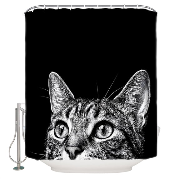Cute Cat Bathroom Shower Curtains with 12 Hooks Polyester Waterproof ...