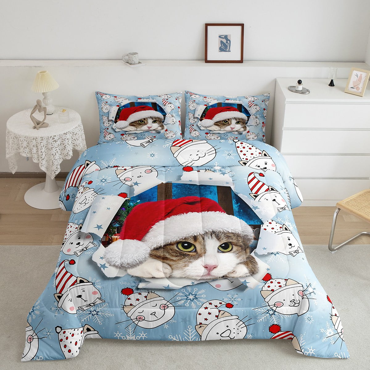 Cute Cat Bedding Christmas Kitten Animal Print Queen Bed Comforter Set ...