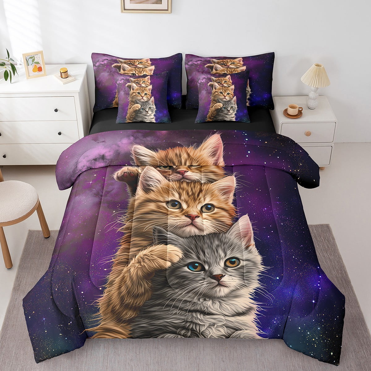 Cute Cat Bedding Comforter Sets 7 Pieces Kawaii Kittens Bed in a Bag ...