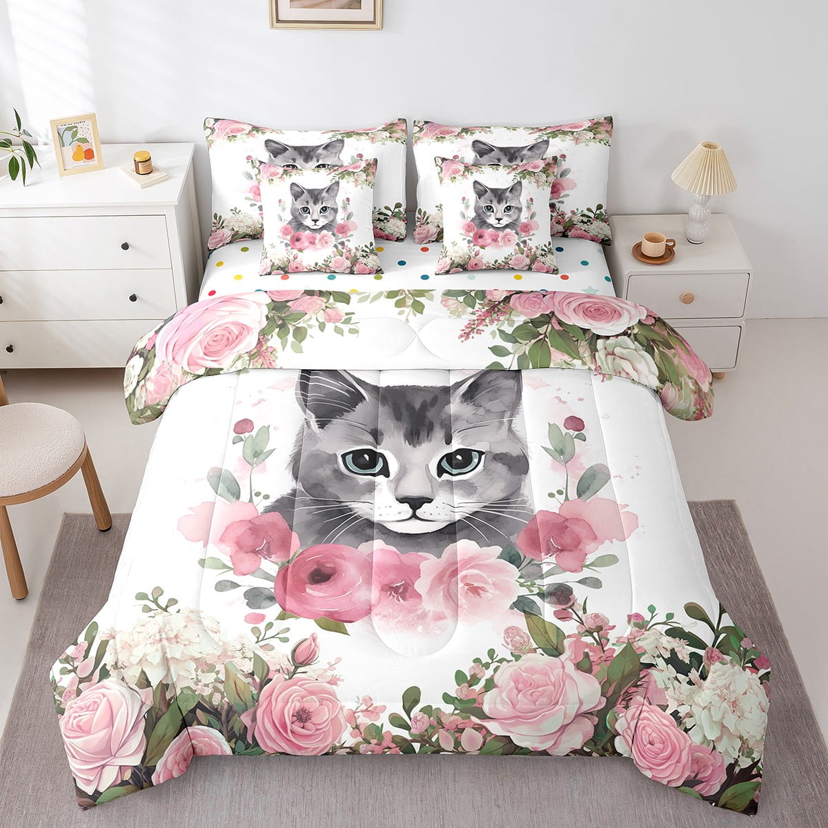 Cute Cat Bedding Comforter Sets 7 Pieces Kitten Bed in a Bag, Animal ...