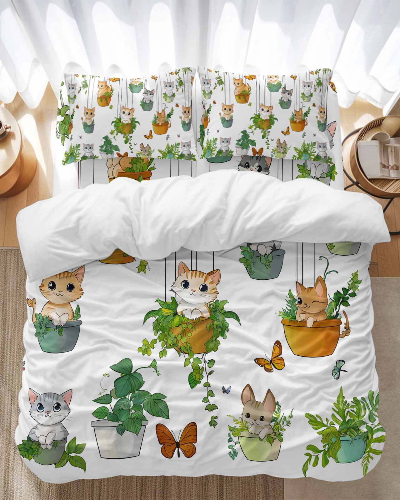 Cute Cat Bedding Duvet Cover Set Twin Size 4 Pieces Green Potted Plant ...