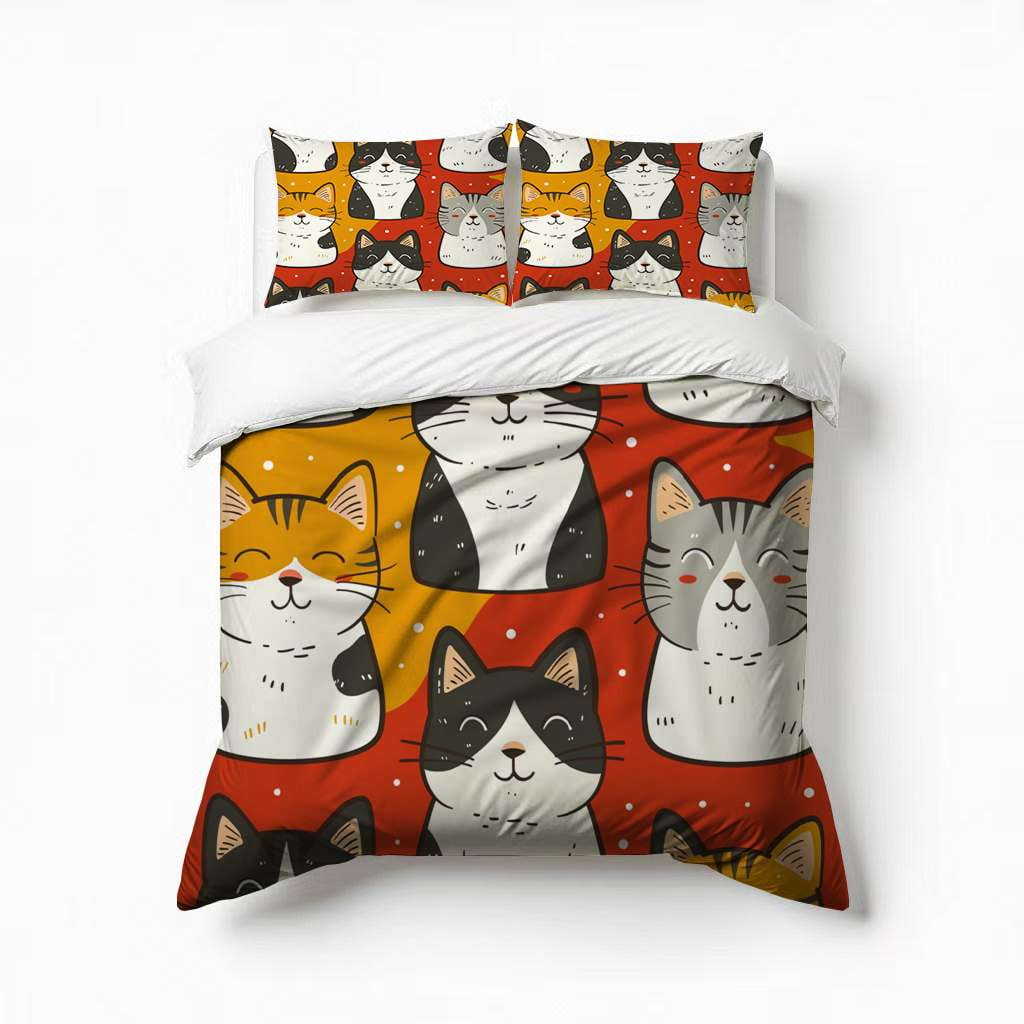 Cute Cat Bedding Set 3 Pcs Soft Microfiber Quilt Cover For Bedroom ...