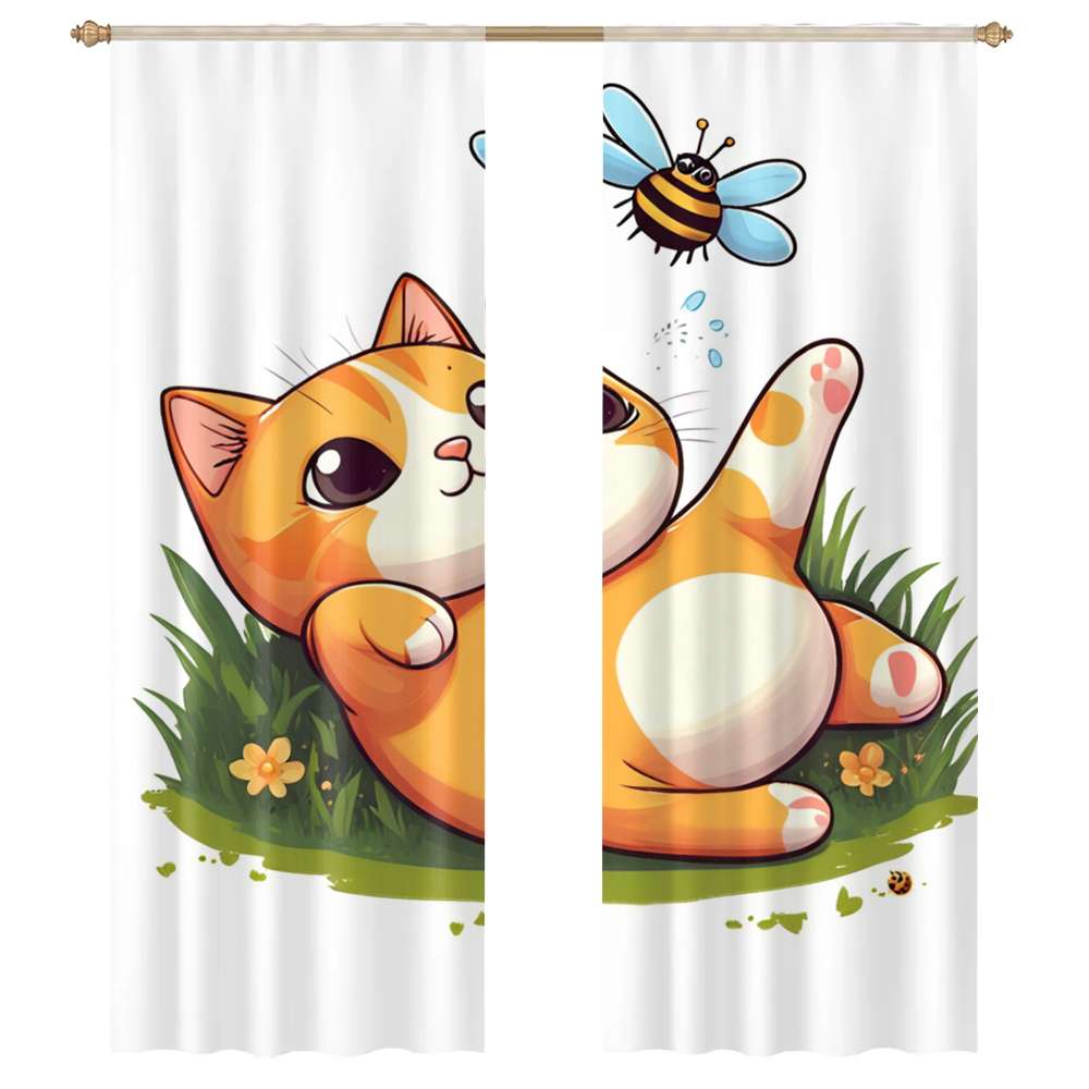 Cute Cat Bee Garden Sheer Voile Curtain Window Tulle Curtains For ...