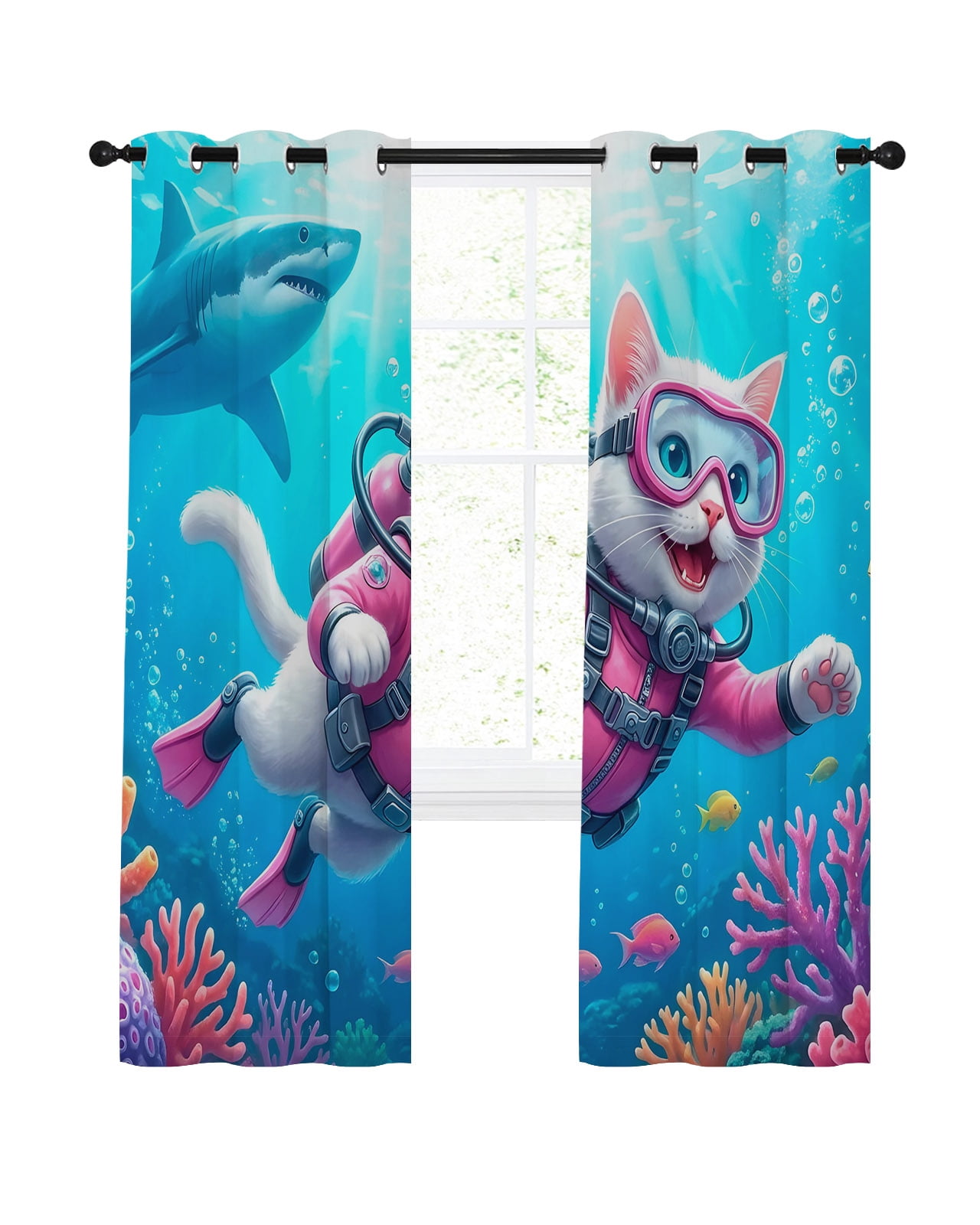 Cute Cat Blackout Curtains for Bedroom Living Room, Pink Diving Suit ...