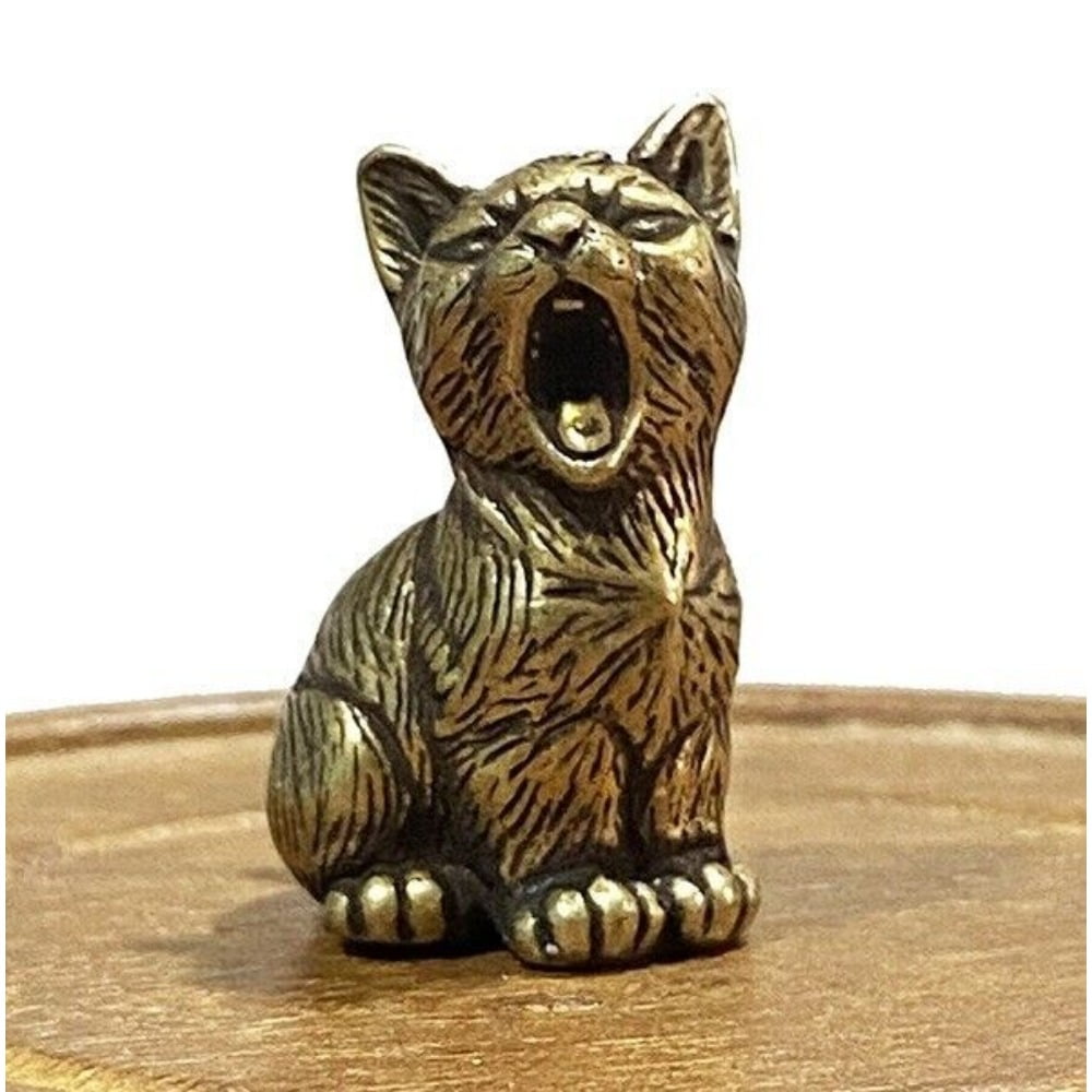 Cute Cat Brass Animal Statue Small Sculpture Tabletop Figurine Netsuke ...