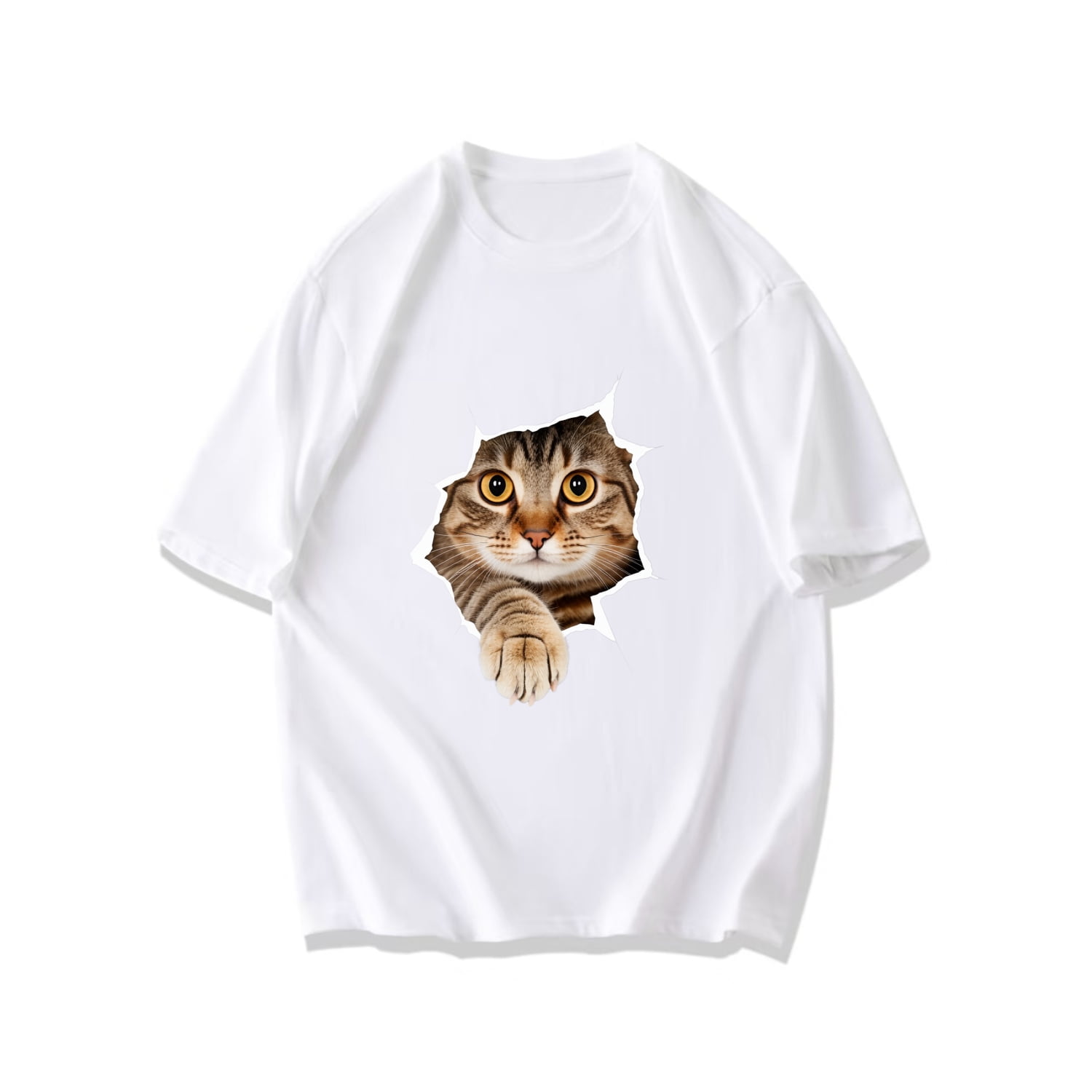 Cute Cat Breaking Through T-Shirt Black Cat Face And Paw Print Casual ...