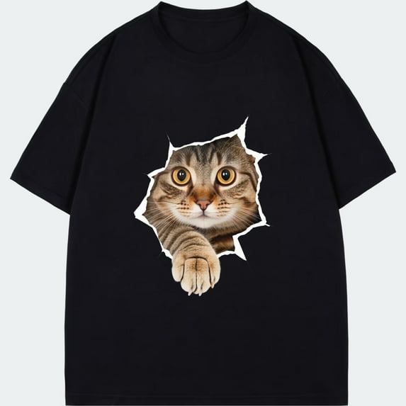 Cute Cat Breaking Through T-Shirt Black Cat Face And Paw Print Casual ...