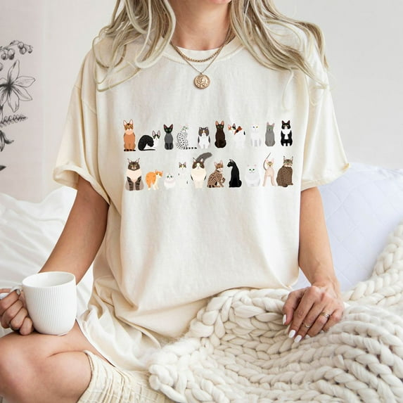 Cute Cat Breeds Lineup Kitty Illustration Graphic Tee Unisex Cotton T-Shirt, Sizes S-5XL ...
