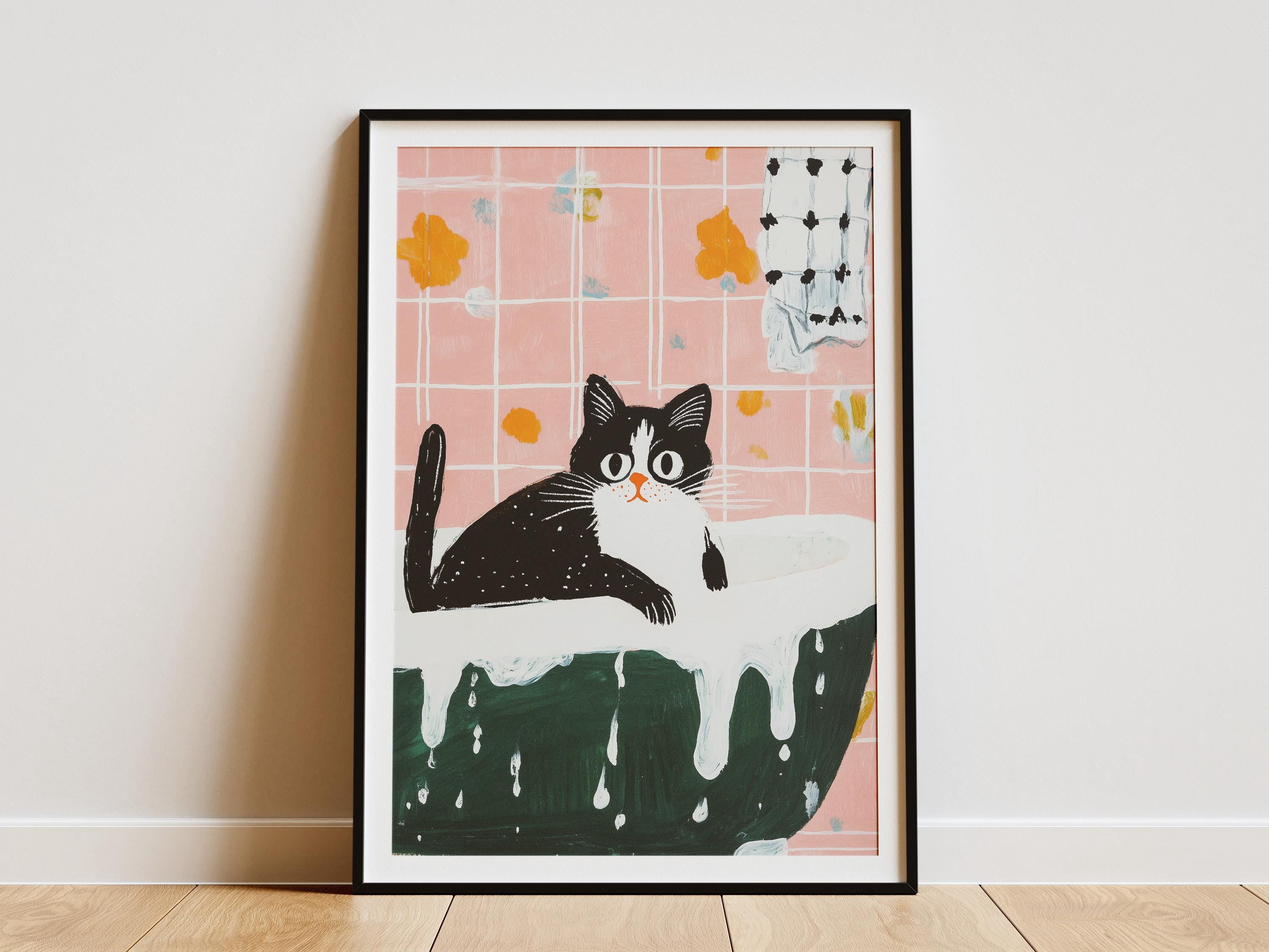 Cute Cat in Bubbly Bath Poster Tuxedo Cat Bathroom Print Funny Pet Art ...