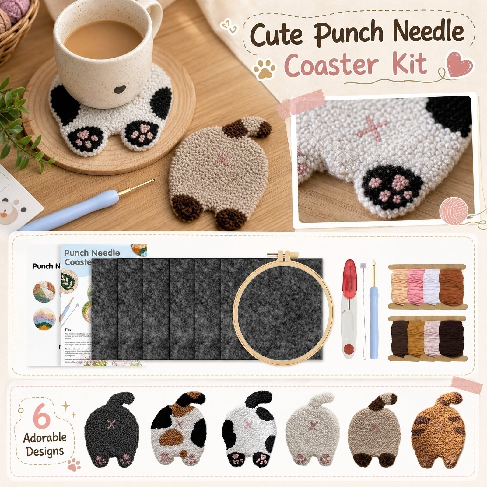 Cute Cat Butt Punch Needle Coaster Kit, 6 Feline Designs, All-Inclusive ...
