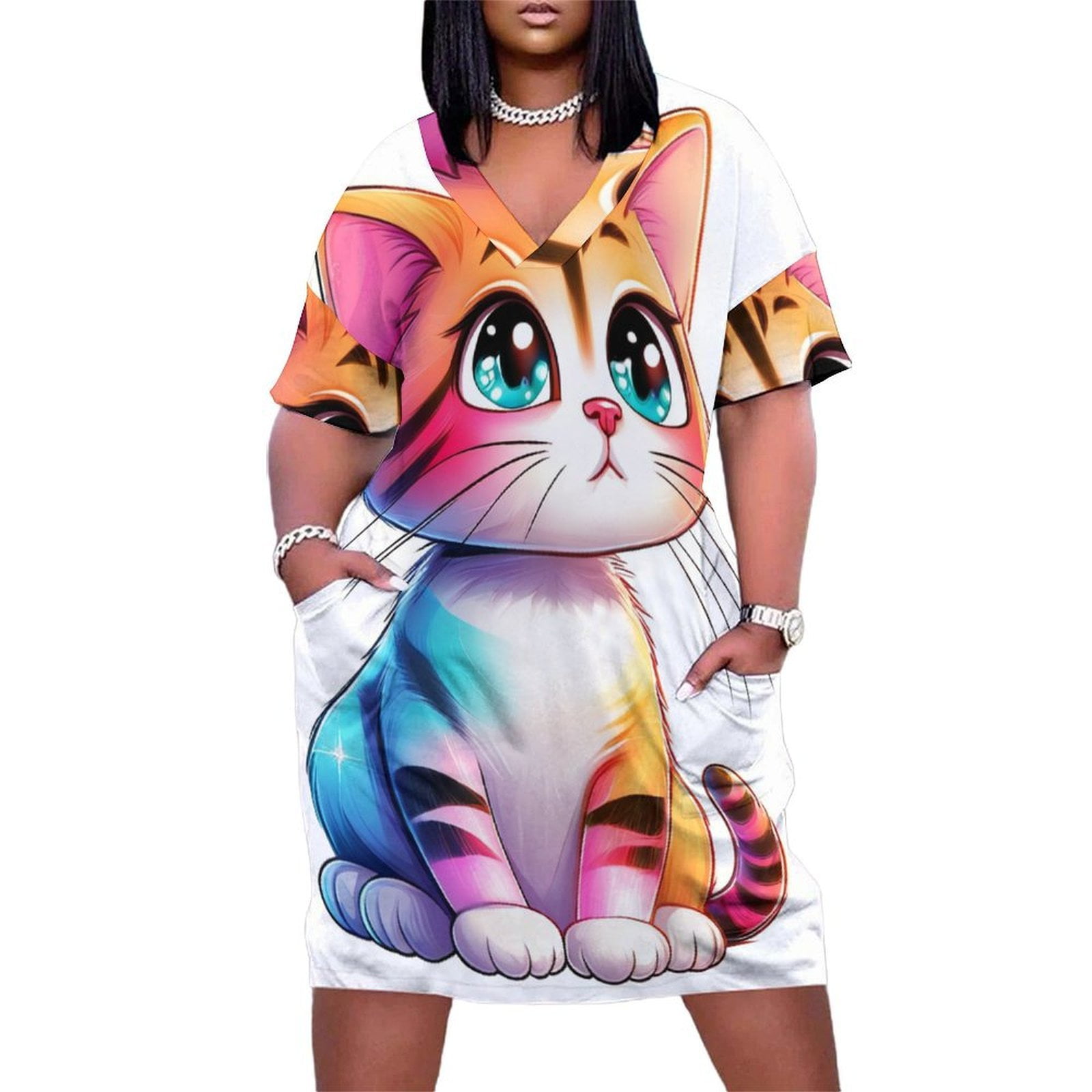 Cute Cat Cartoon Art Loose Pocket Dress Dresses Summer Summer Dresses ...