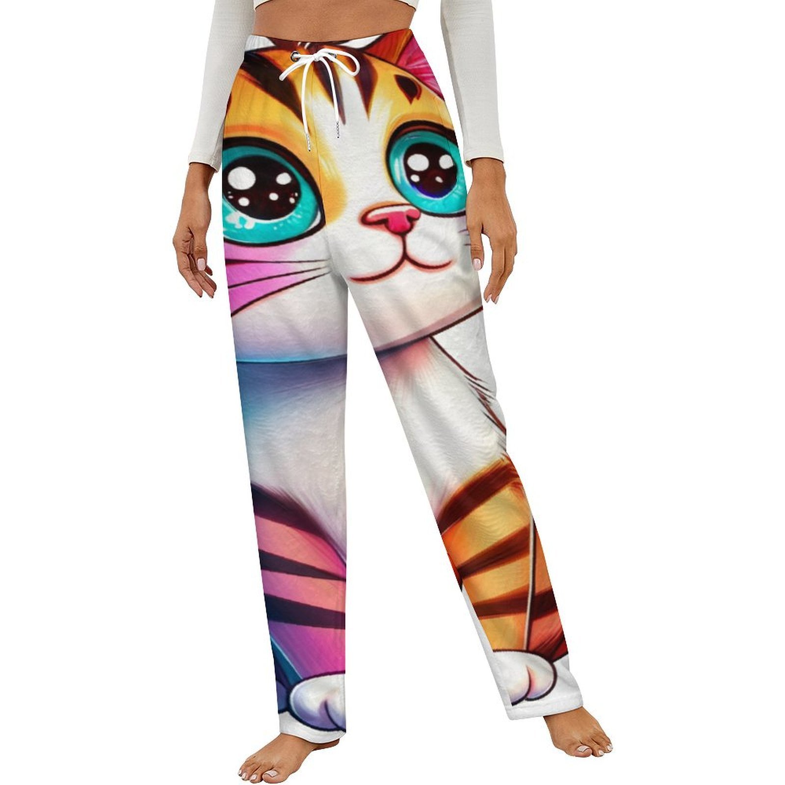 Cute Cat Cartoon Art Winter Female Pants Flannel High Waist Women Pants ...