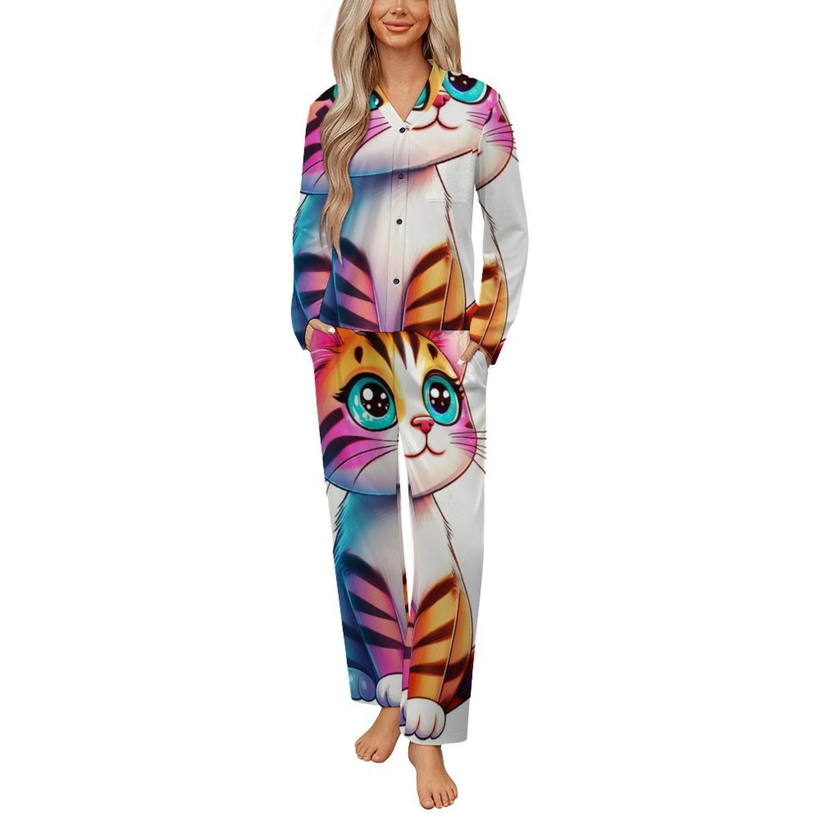 Cute Cat Cartoon Art Womens Pyjamas Set Button Up Pyjamas Womens with ...