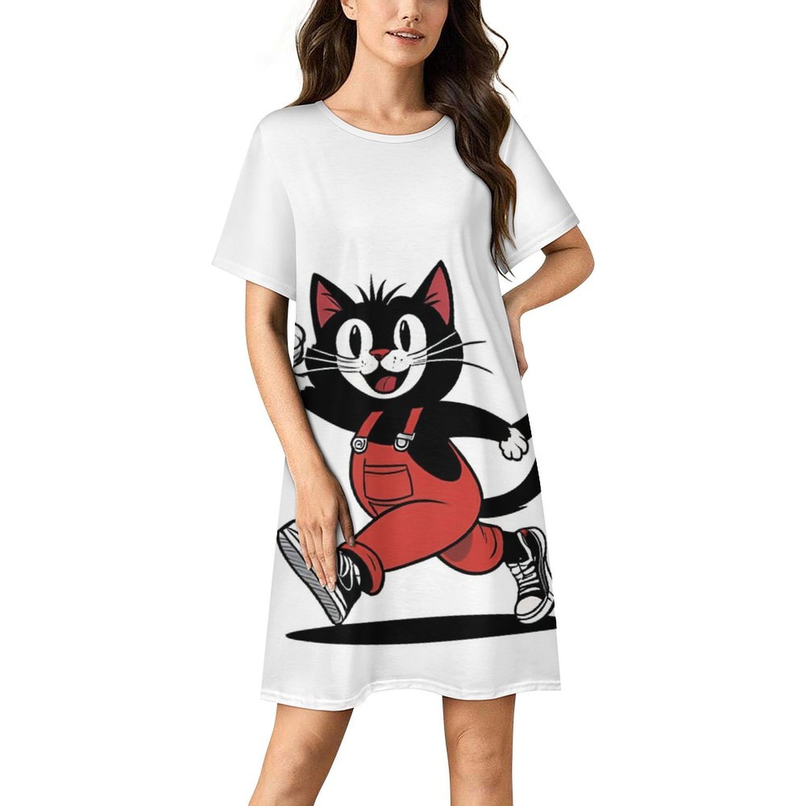 Cute Cat Cartoon Print Women Nightgown Sleepwear Short Sleeves For ...