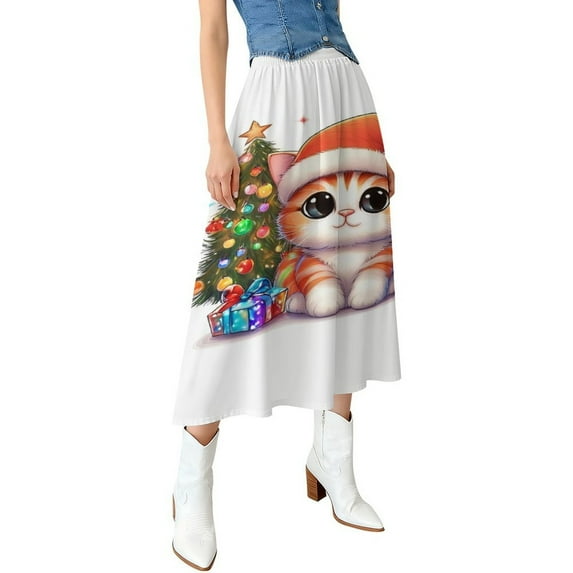 Cute Cat Christmas Decor Women High Waist Midi Skirt Elegant Midi Skirt ...