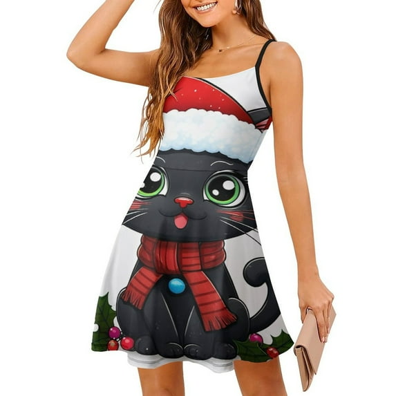 Cute Cat Christmas Lights Sweet Elegant Slip Dress Women Korean Kawaii ...