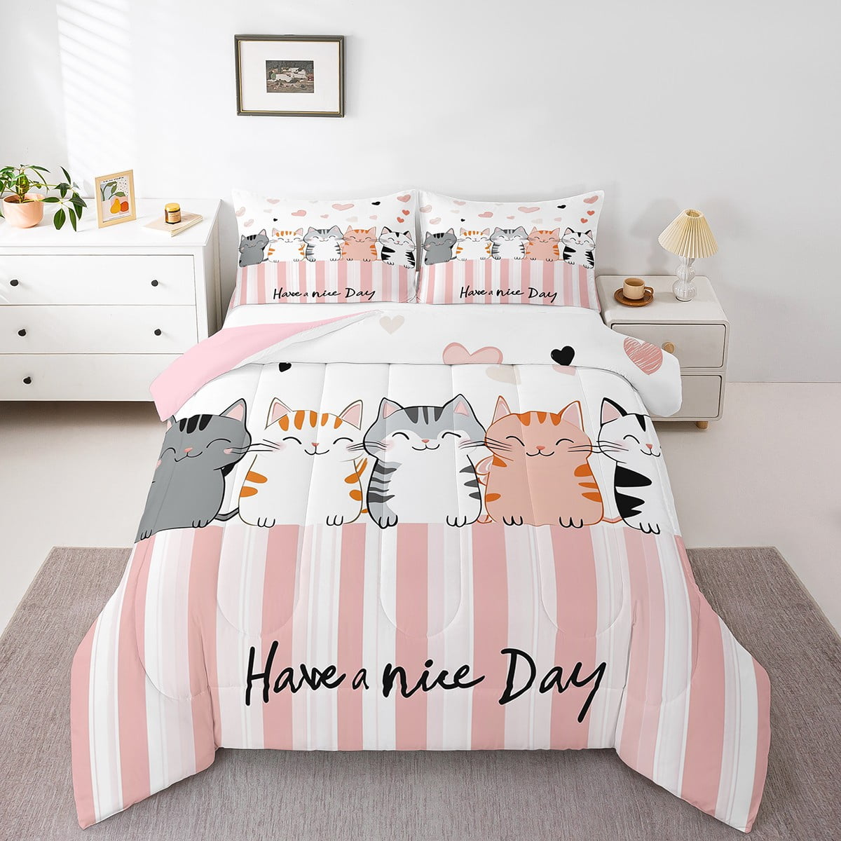 Cute Cat Comforter Set Cartoon Cat Bedding Sets, Kawaii Pet Cats Print ...