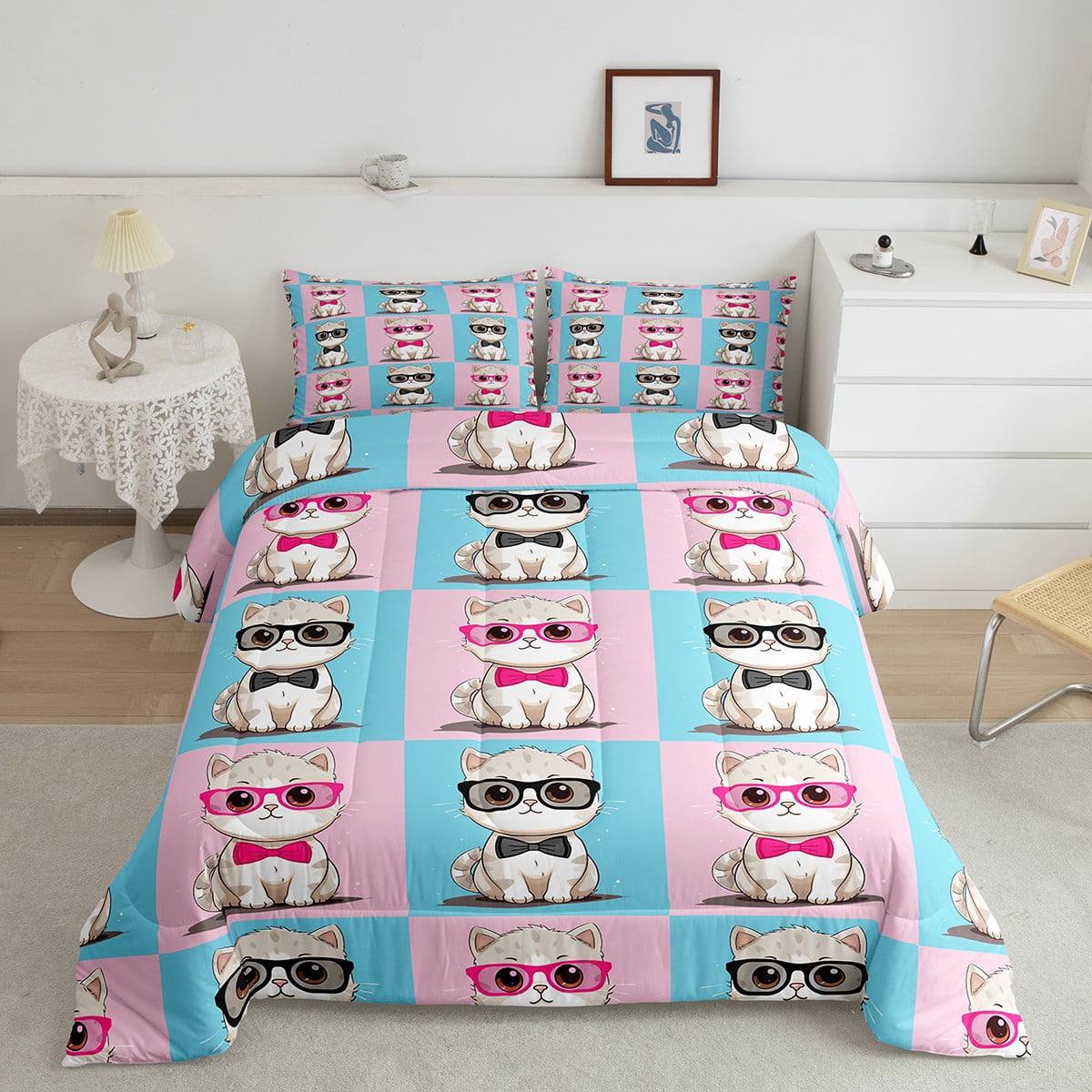 Cute Cat Comforter Set Cartoon Kitten with Glasses Bedding Comforter ...