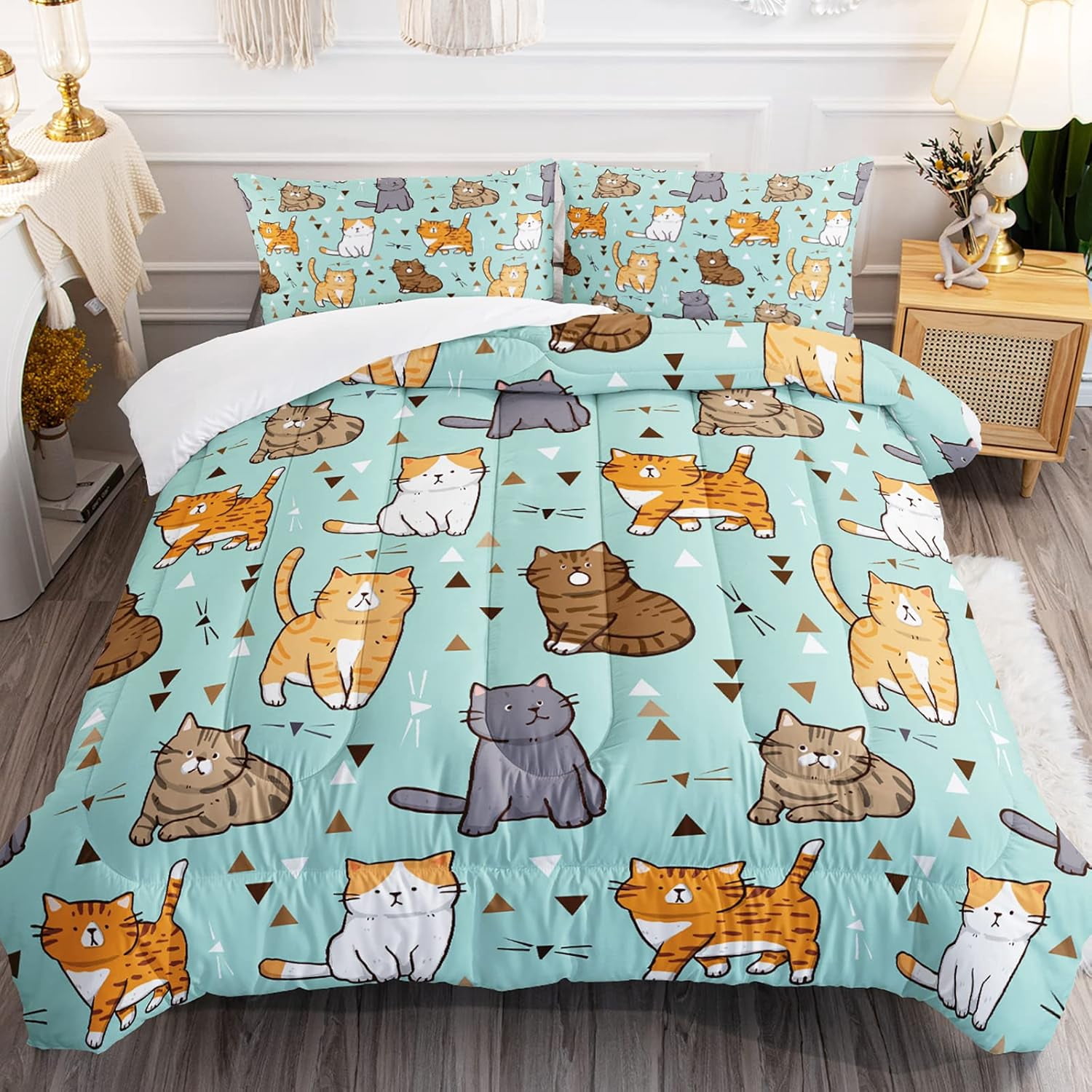 Cute Cat Comforter Set for Kids Boys Girls Cartoon Cat Kawaii Bedding ...