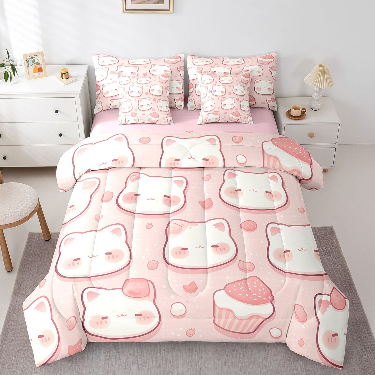 Cute Cat Comforter Set Pink Kawaii Kitten Bedding Set 7 Pieces,Cake ...