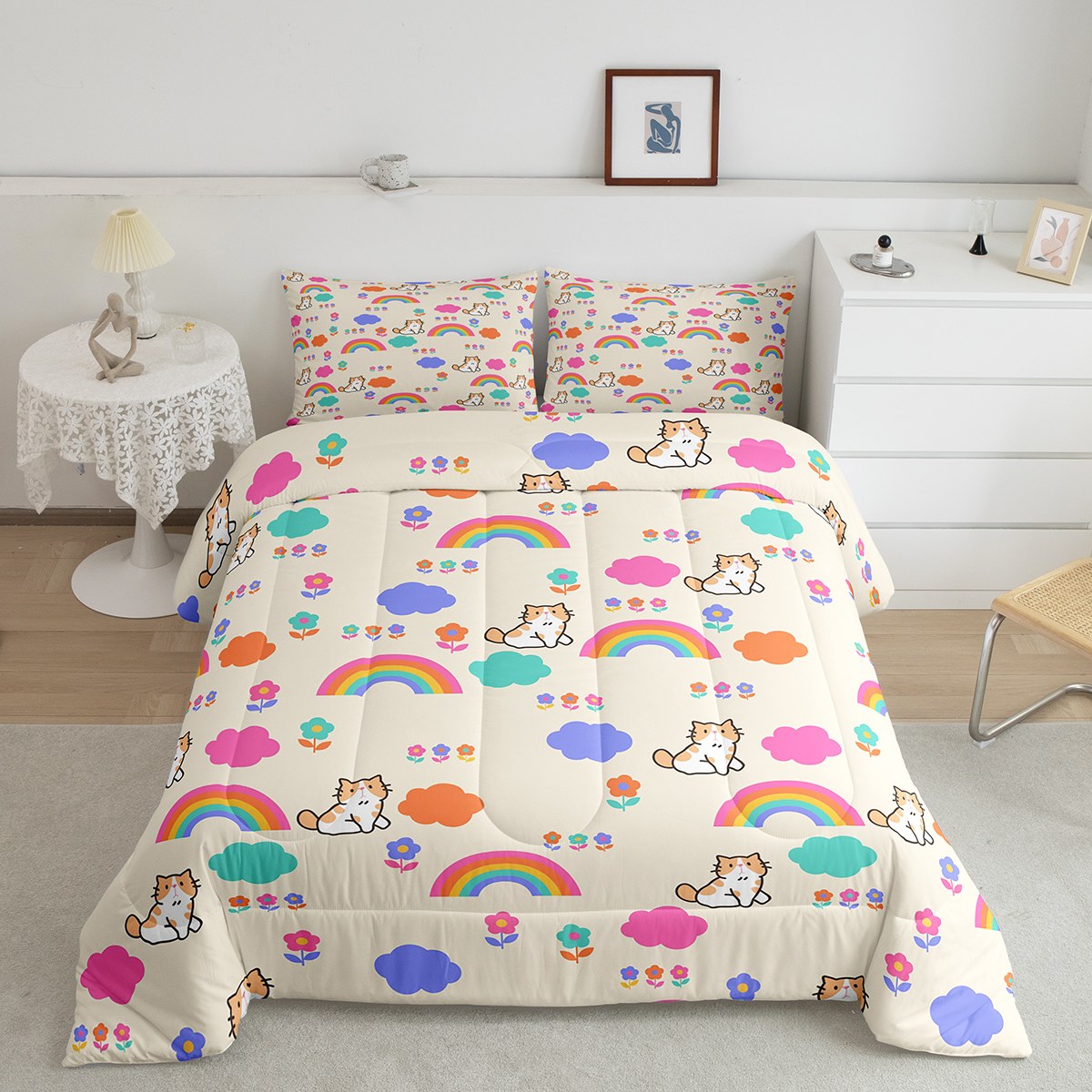 Cute Cat Comforter Set Queen Rainbow Bedding Set, Colorful Flower ...