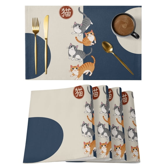 Cute Cat Cotton Linen Placemats Set of 1, Harmony Japanese Style Navy ...