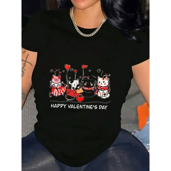 Cute Cat Crew Valentine's Day Heart Graphic Women's Casual Short Sleeve ...