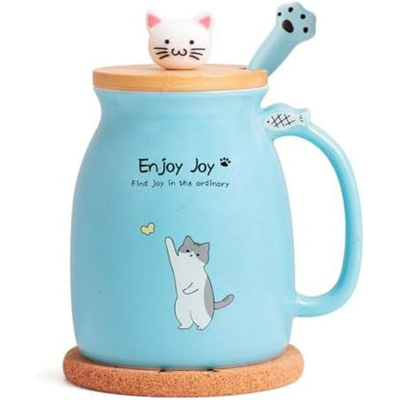 Cute Cat Cup Ceramic Coffee Mug with Kawaii Cat Wooden Lid, Lovely ...