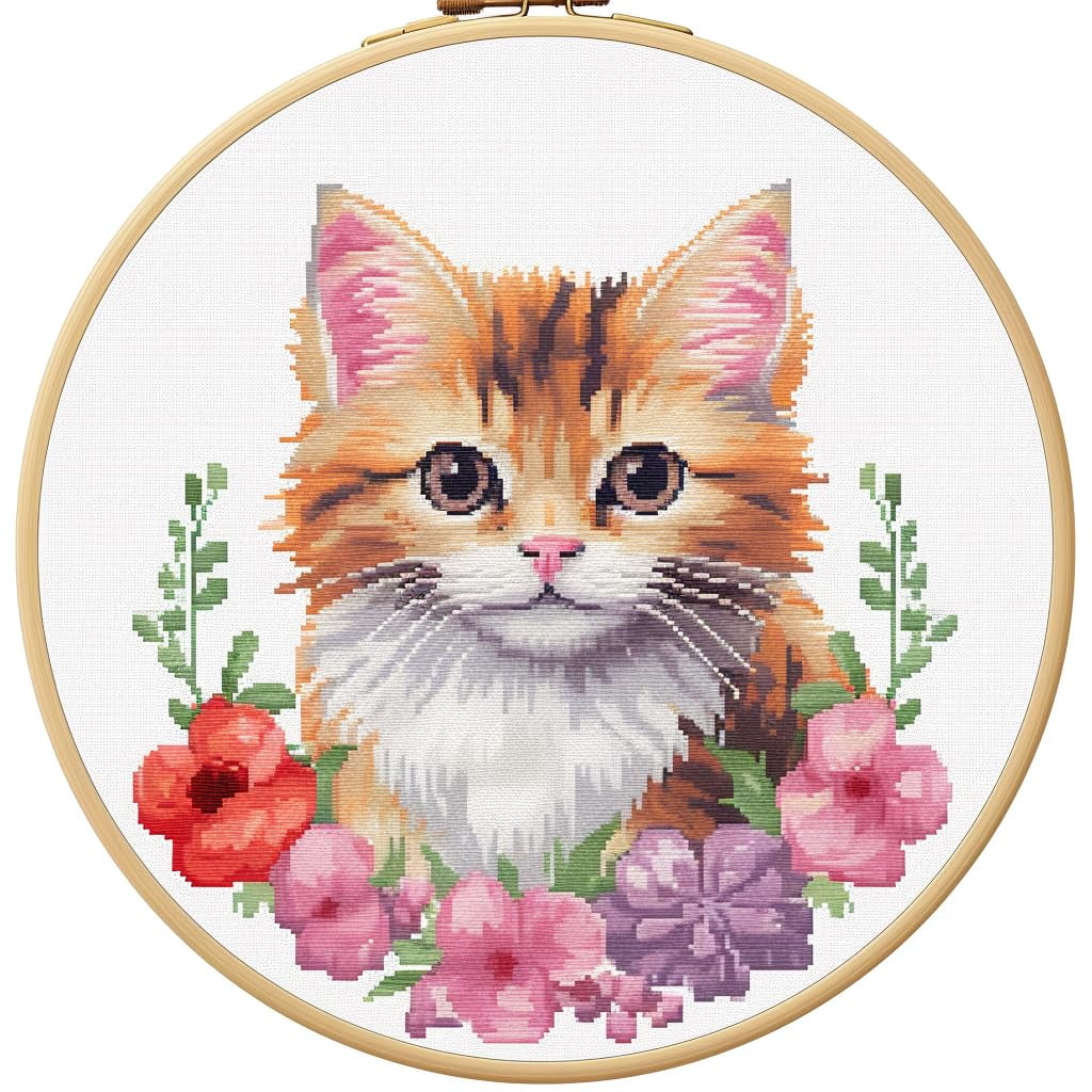 Cute Cat DIY Stamped Cross Stitch Kits for Beginners Easy with Hoop ...