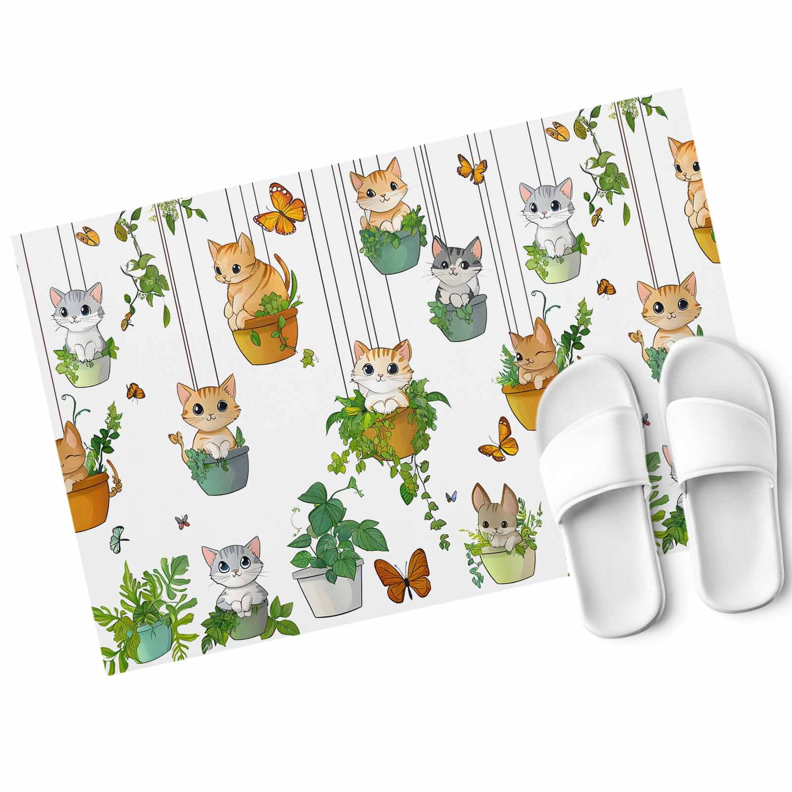 Cute Cat Door Mat Green Potted Plant Butterfly Botanical Rustic Non ...