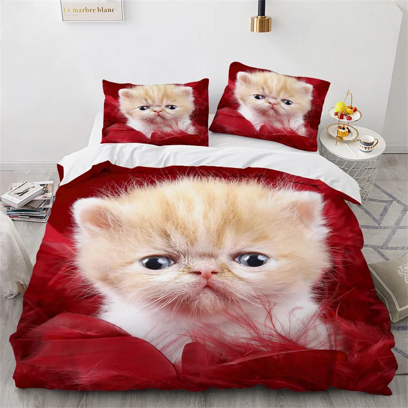 Cute Cat Duvet Cover Microfiber 3D Animal Bedding Set Pet Kitten ...