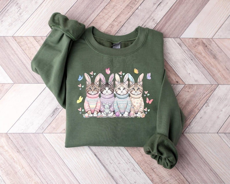 Cute Cat Easter Sweatshirt, Bunny Ear Cats Sweatshirt, Egg Hunter Cats ...